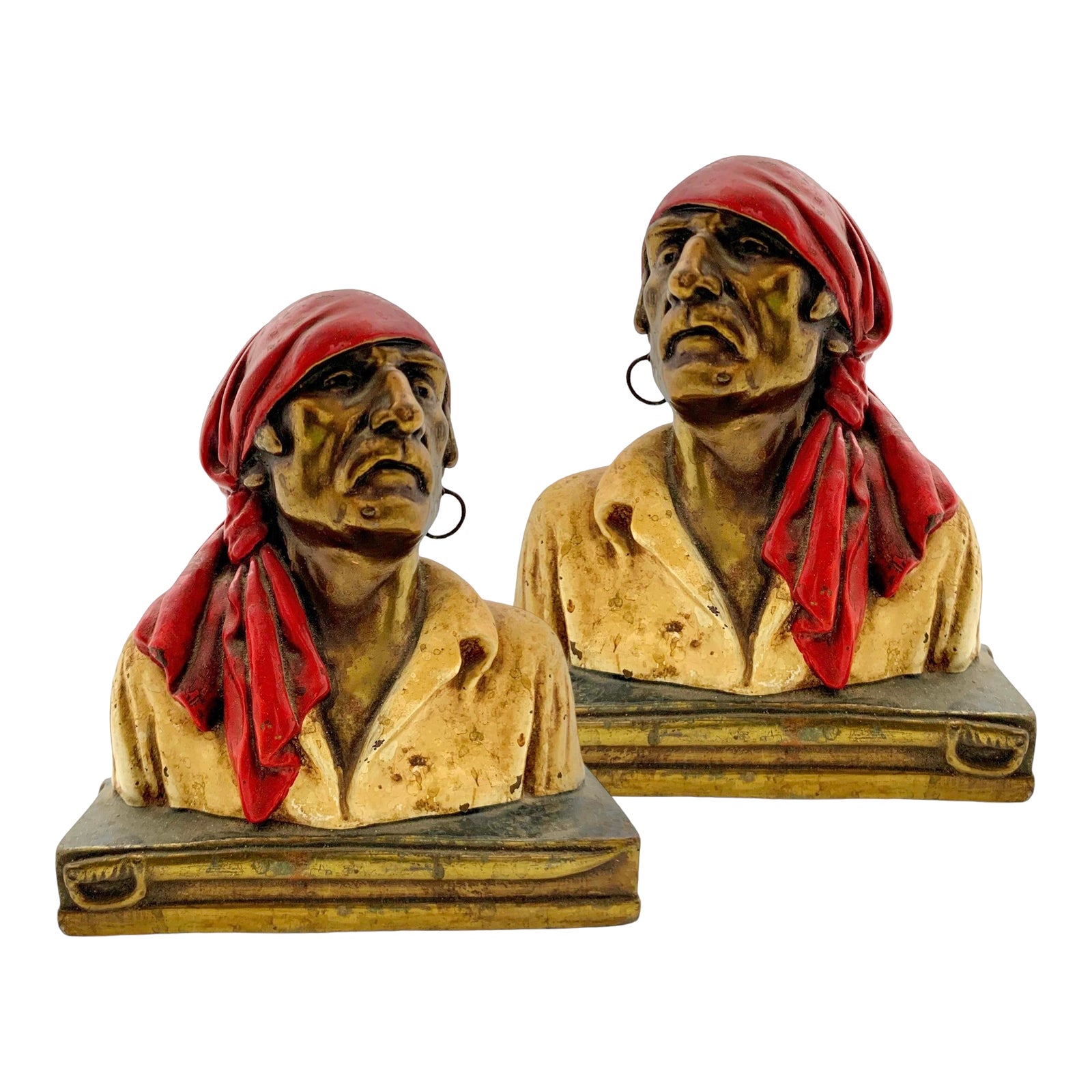 Vintage Bookend Pair of Pirate Bust Metal Buccaneer Figurine | Chairish