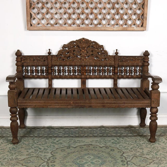 Antique Indian Carved Teakwood Bench | Chairish