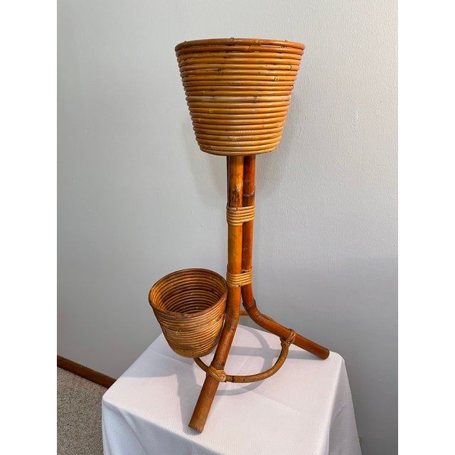 Vintage Mid 20th Century Italian Layered Rattan Plant Stand | Chairish