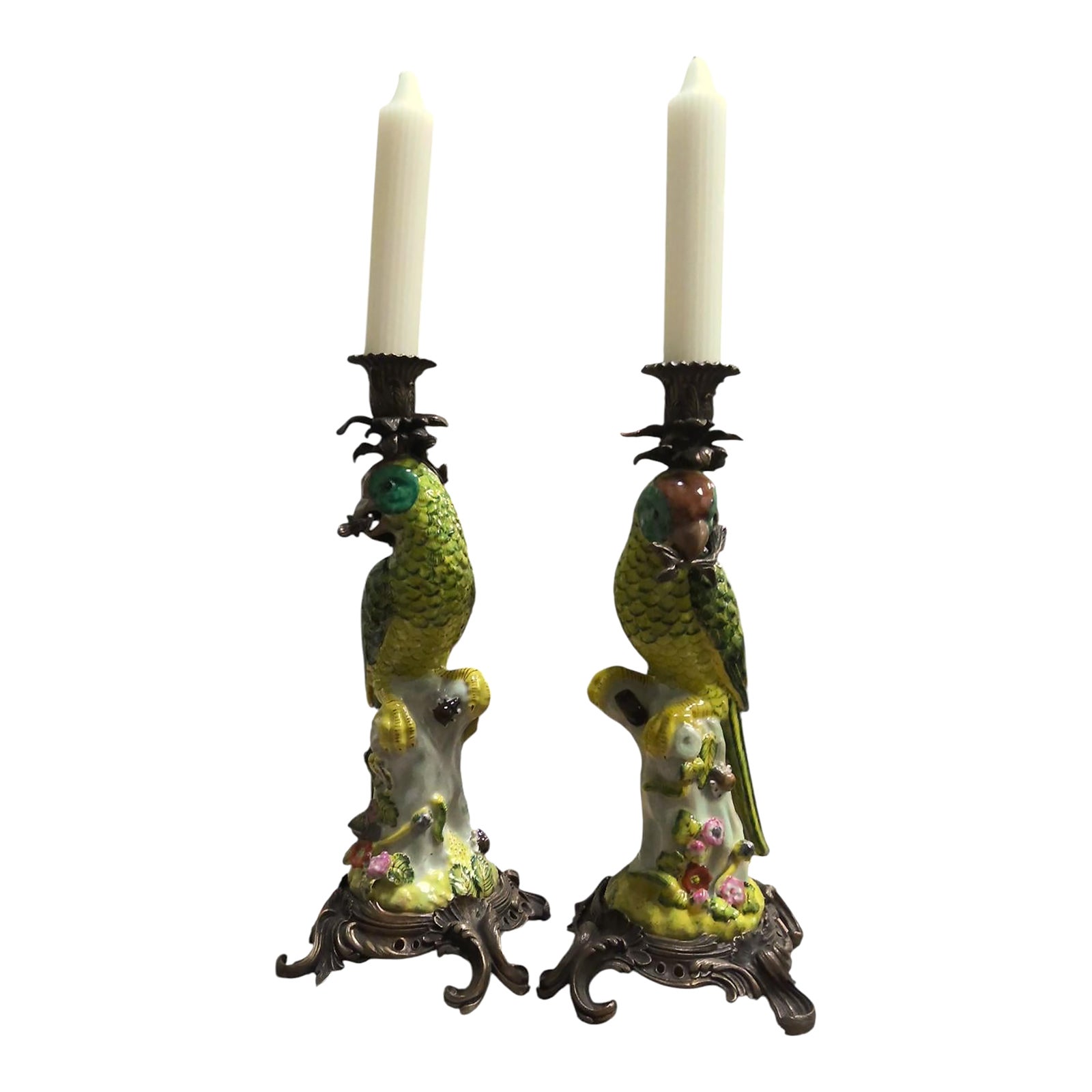 Mid 20th Century Brass Mounted Parrot Candlesticks- a Pair | Chairish