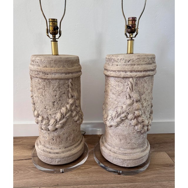 Stone Architectural Column Lamps With Lucite Base | Chairish