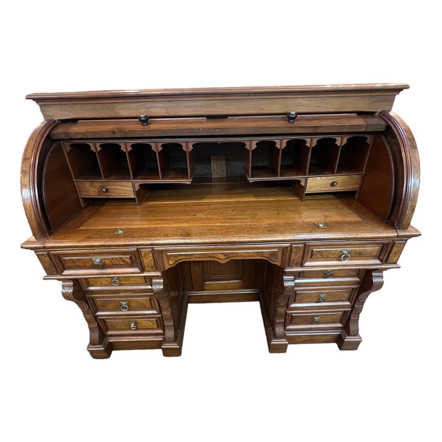 1800's Walnut Burlwood Rolltop Barrel Office Desk | Chairish