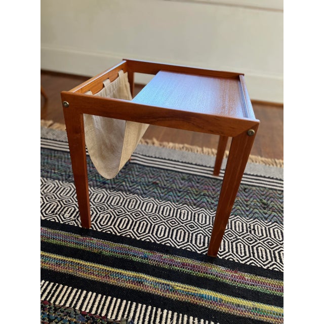 1960s Bent Silberg Linen and Teak Magazine Holder End Table. | Chairish