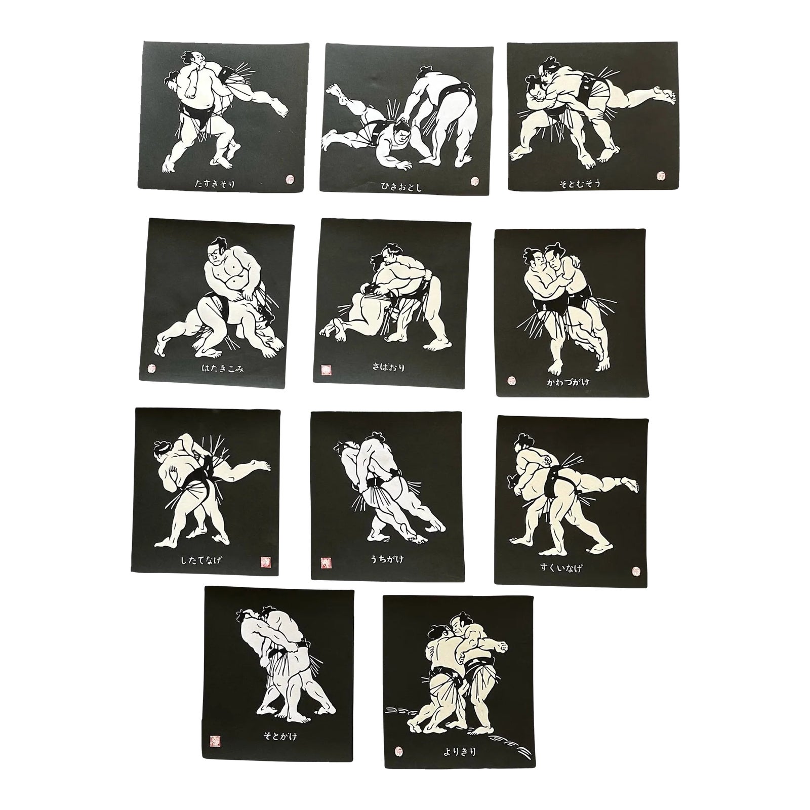 Mid Century 60s Japanese Sumo Wrestling Techniques Paper Cut Art ...