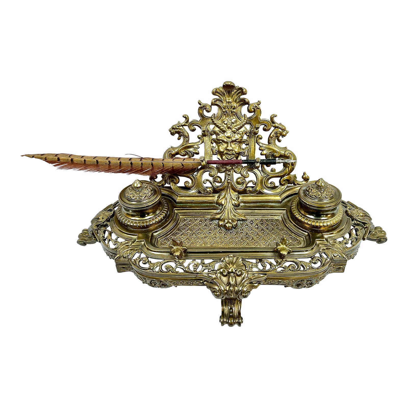 Late 1800s Antique French Brass Double Inkwell With Feather Quill ...