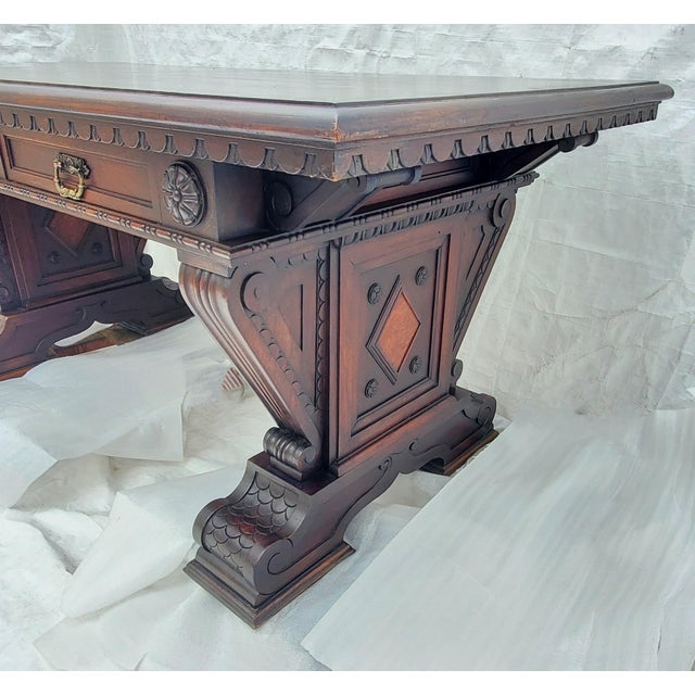 Antique 1900s Carved Walnut Italian Renaissance Old World Desk / Table ...
