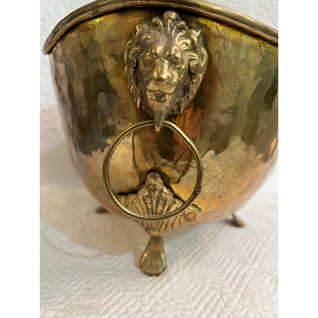 1970’s Hammered Brass Footed Planter With Lions Head Ring Handles | Chairish