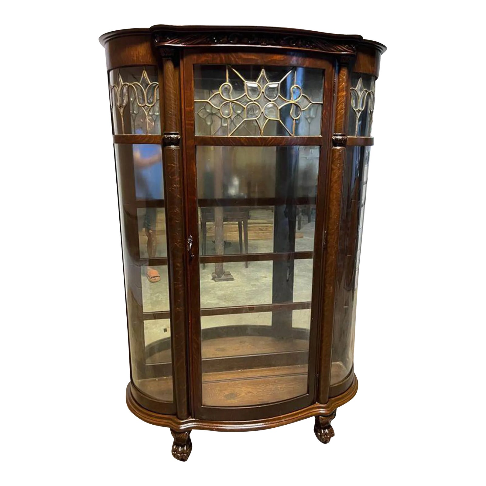 19th Century Antique Victorian Style Leaded Glass Tiger Oak Bow Front ...