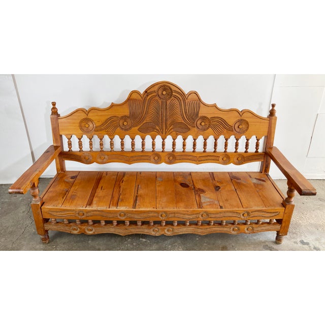 Vintage Mexican Folk Art Carved Wood Bench | Chairish
