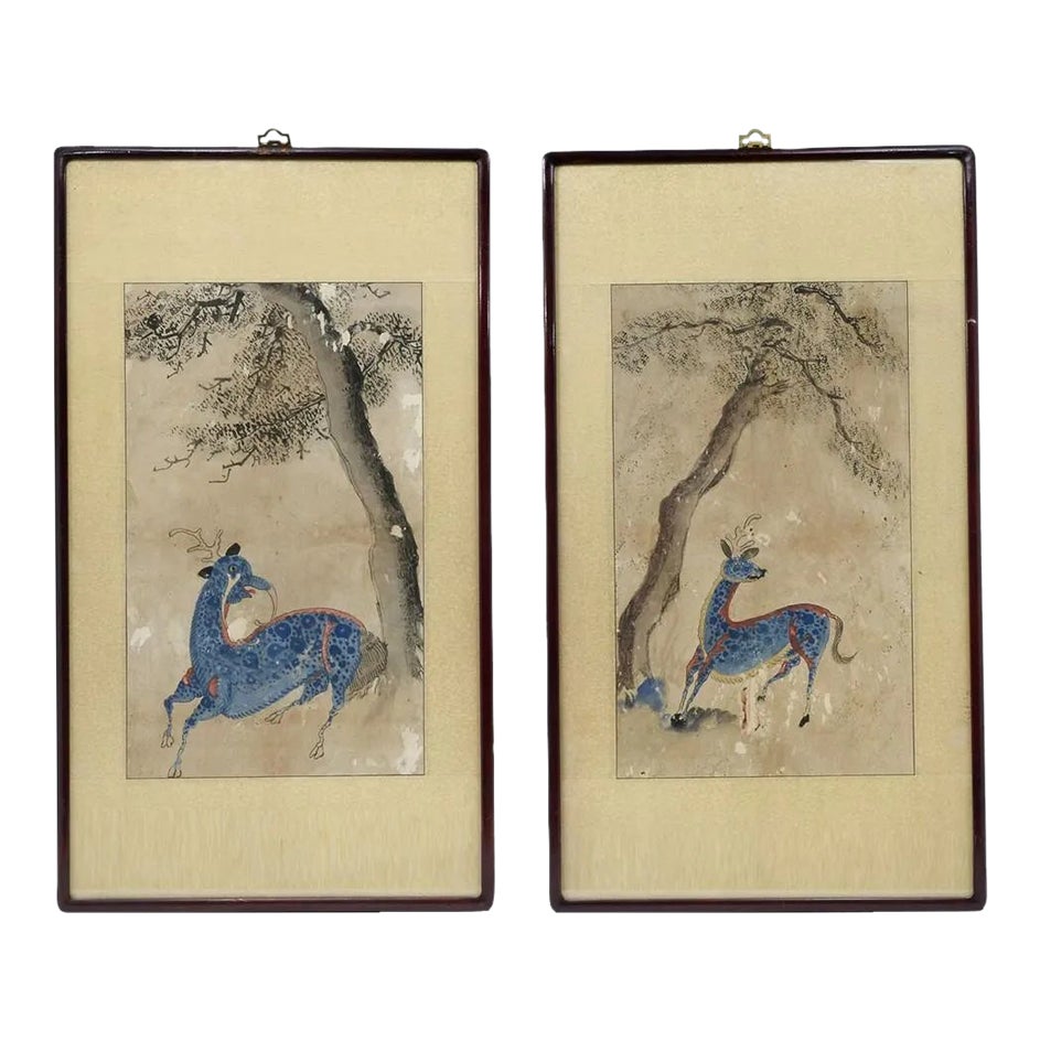 Pair of Large Early Chinese Paintings of Chi-Lin (Framed) | Chairish