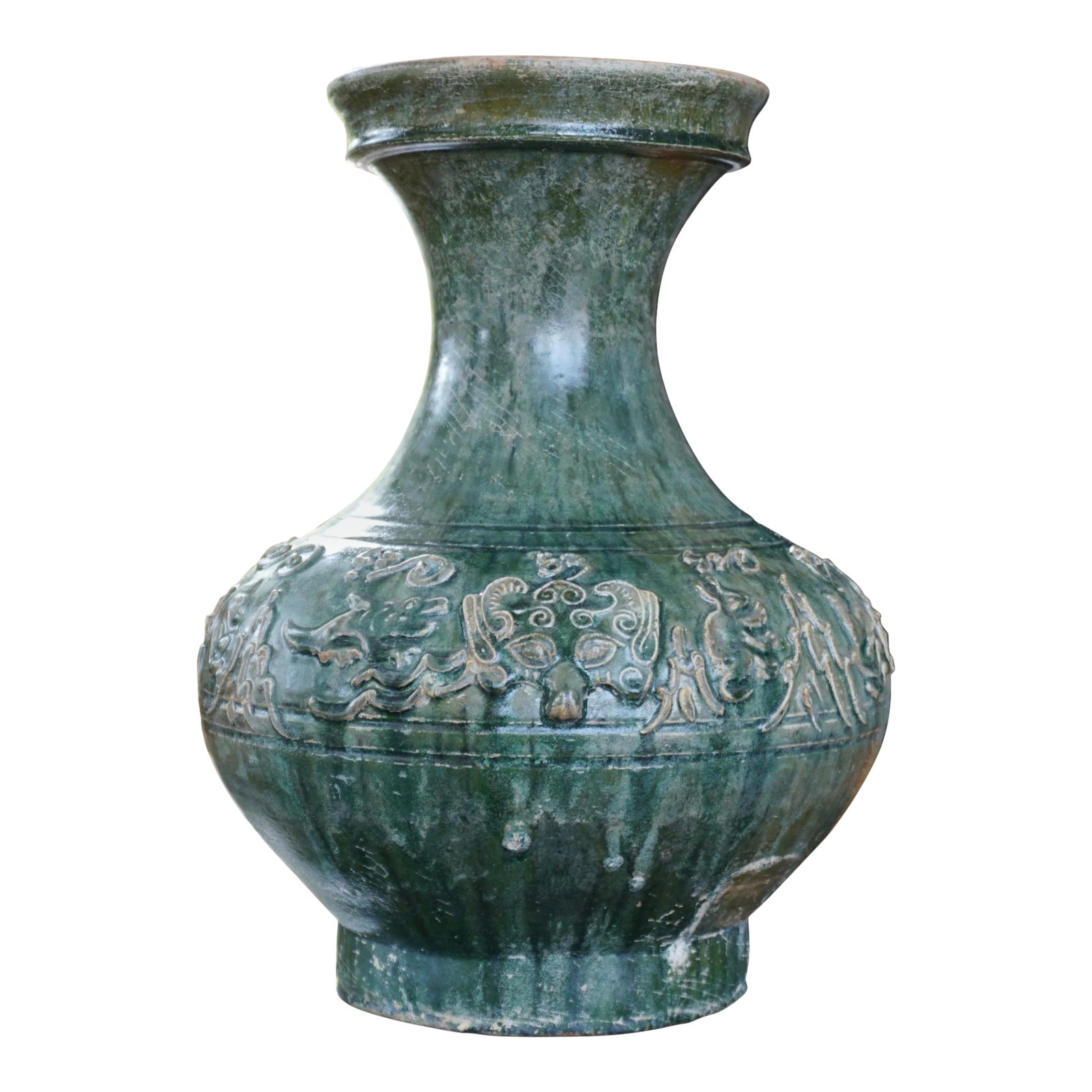 Large Han Dynasty Hu Green Glazed Mythical Beasts Vessel | Chairish