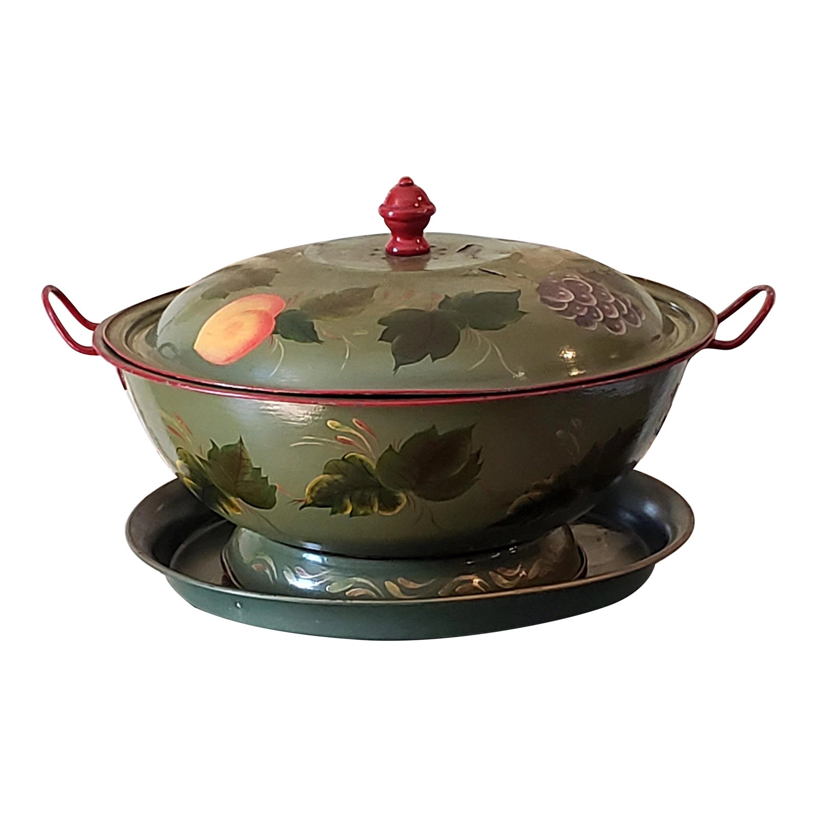 Vintage Hand Painted Tole Large Bowl, Lid With Wood Handle & Round Tole ...