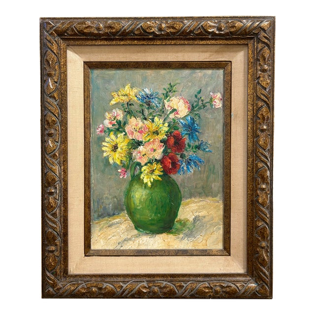 Vintage Impressionist Oil Painting on Canvas of Flowers in Vase in ...