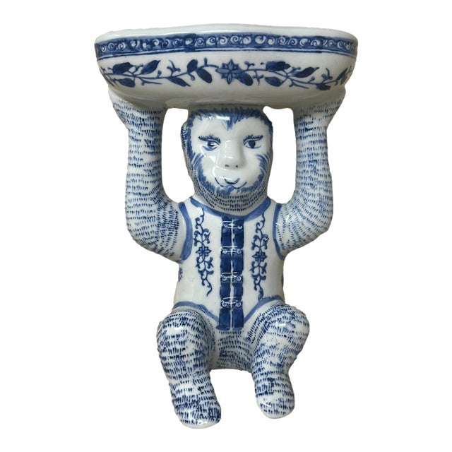 Vintage Blue and White Chinoiserie Monkey Figurine With Trinket Dish ...