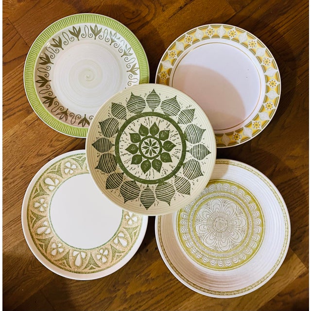 Mismatched Set of 5 Vintage Stoneware Geometric Dinner Plates | Chairish