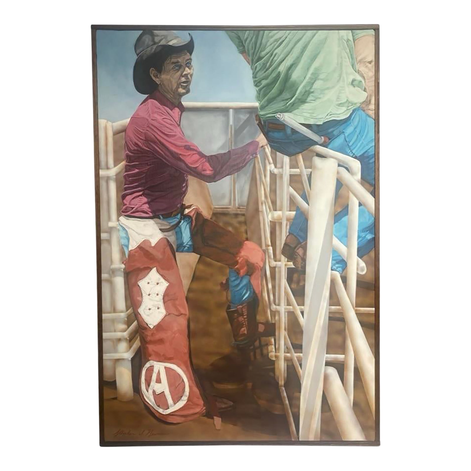 Vintage Oil on Canvas Painting of Two Cowboys on a Ranch, Signed ...