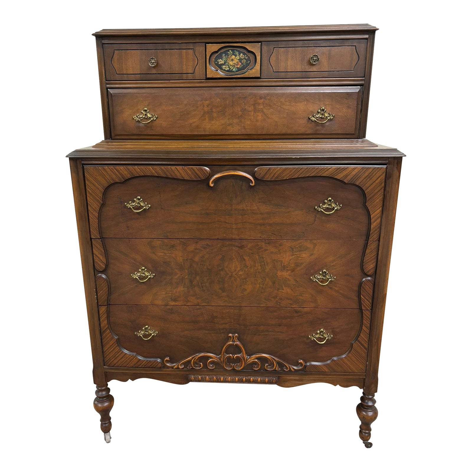 Vintage 1944 Victorian Style Walnut Highboy Chest or Dresser | Chairish