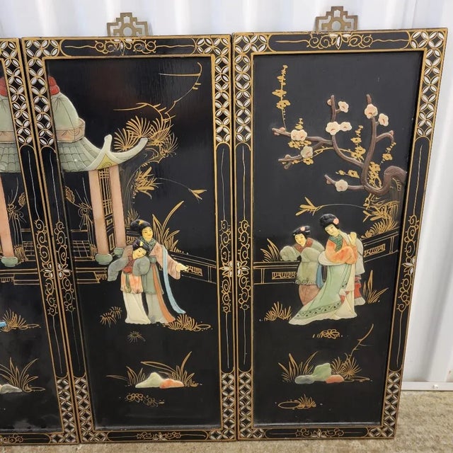 Vintage Japanese Black Lacquer and Stone Wood Wall Panels. | Chairish