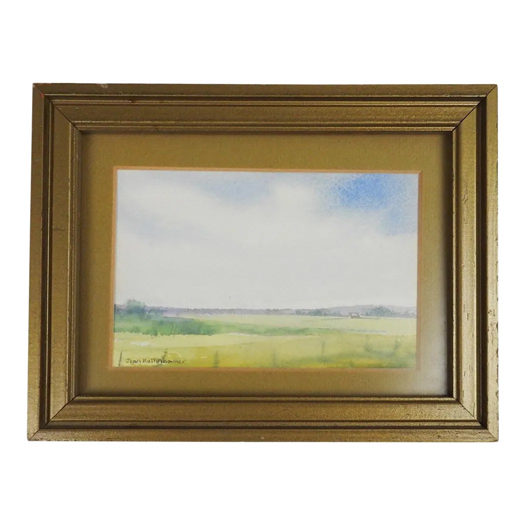 Small Farm Field Horizon Landscape Watercolor Painting | Chairish