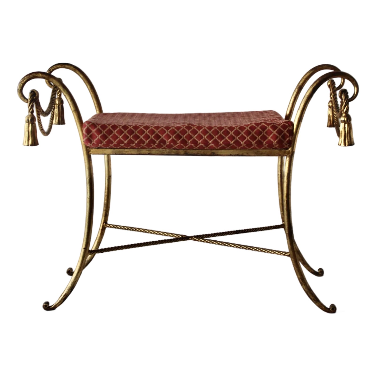 1950s Italian Gilded Scroll Rope Tassel Bench Hollywood Regency | Chairish