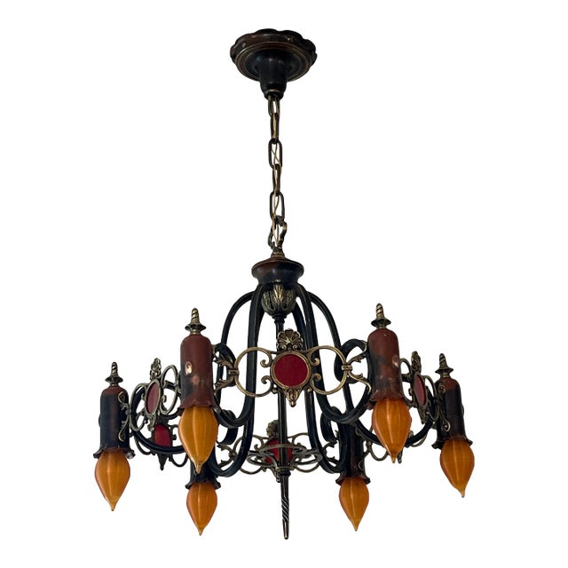 Antique Arts & Crafts Tudor Chandelier Light Fixture | Chairish