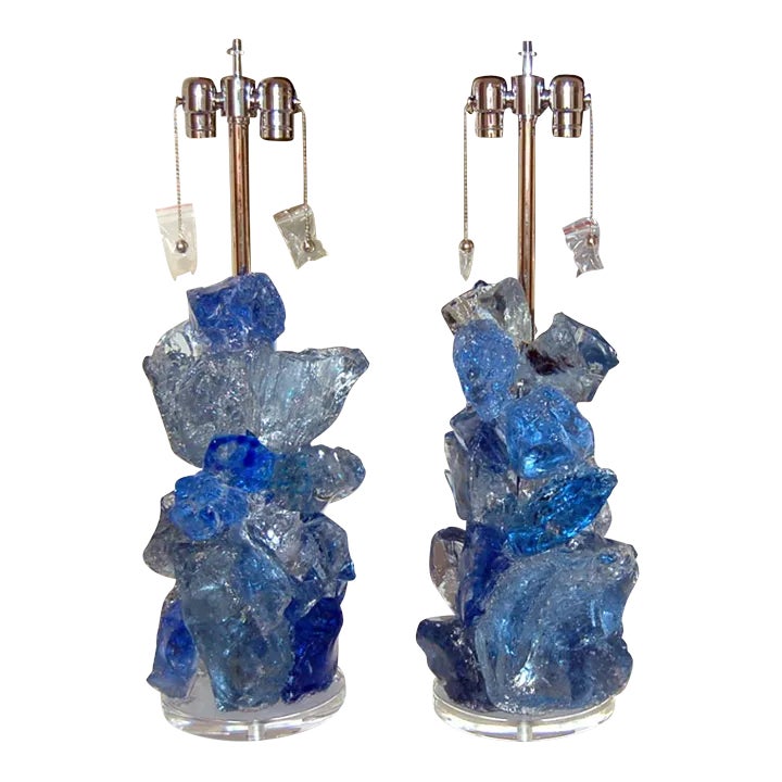 Tumbled Glass Rock Candy Table Lamps in Blue and Clear Ice - a Pair ...