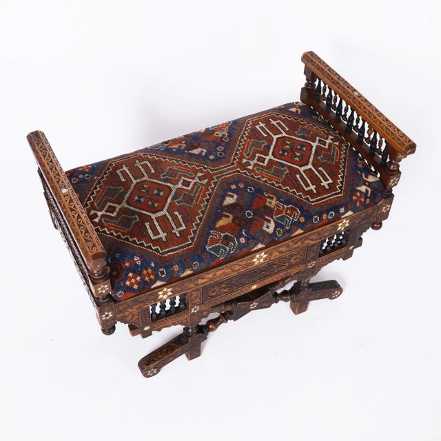 Antique Moroccan Carved and Inlaid Bench | Chairish