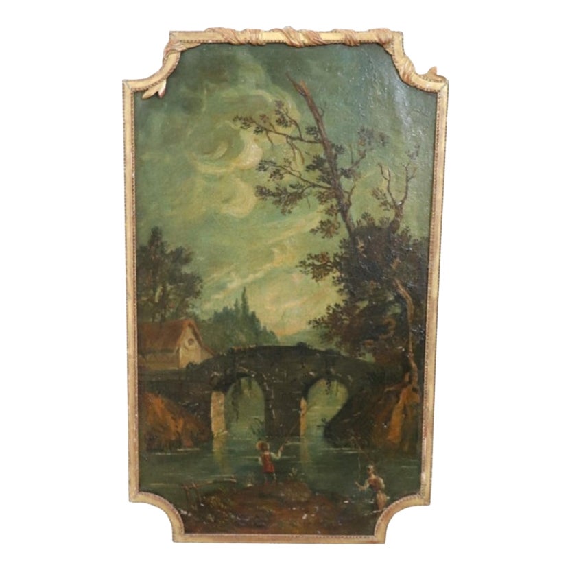 Landscape with River and Bridge, Oil Painting on Canvas, 19th Century ...