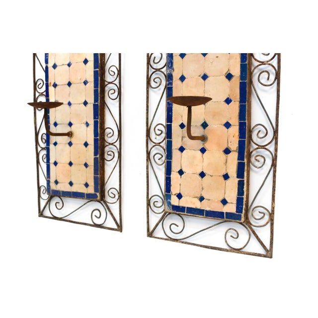 Terracotta Tile Wall Sconce With Candle Cup Blue Accents | Chairish