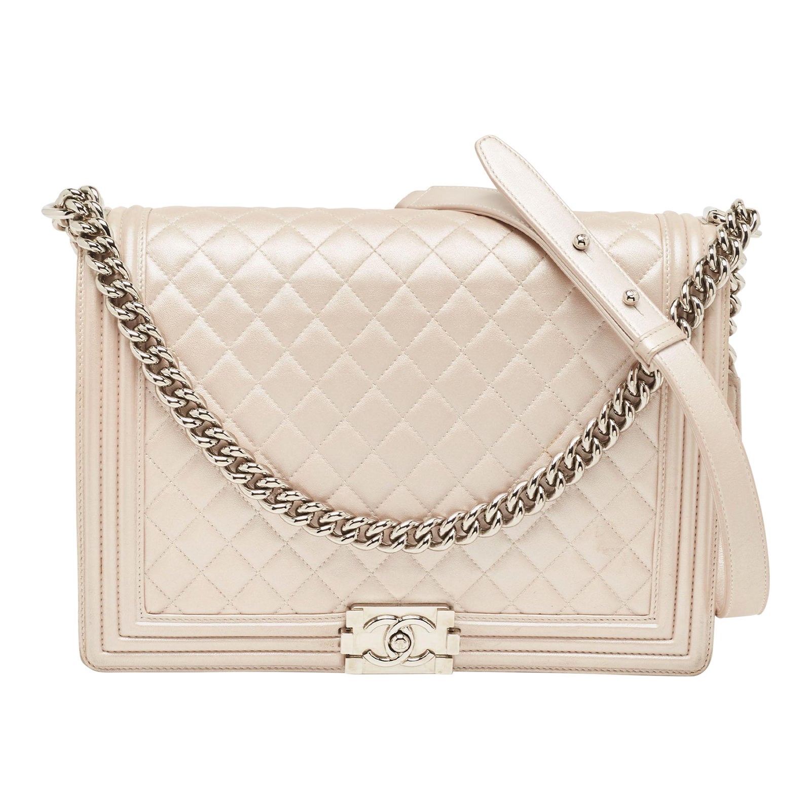 Chanel Pearl White Shimmer Quilted Leather Large Boy Flap Bag | Chairish