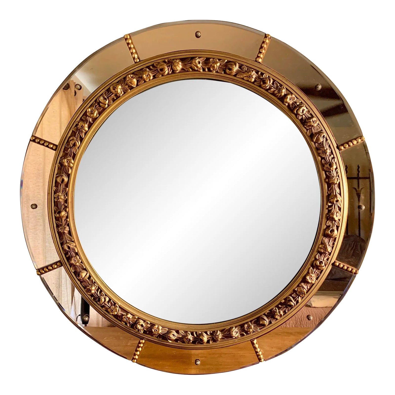 Early 20th Century Art Deco Round Rose Gold Wall Mirror | Chairish
