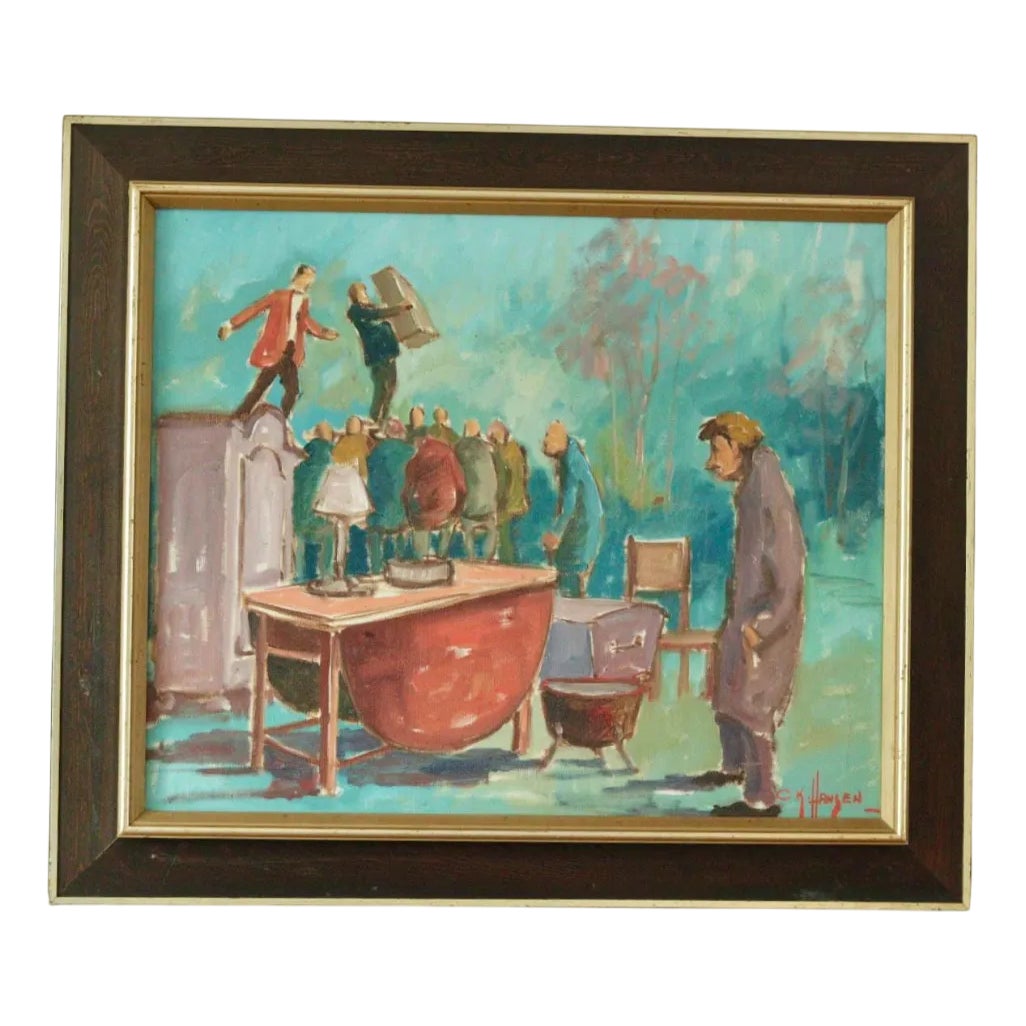 Carlo Knud Hansen, Auction, 1960s, Oil on Canvas, Framed | Chairish