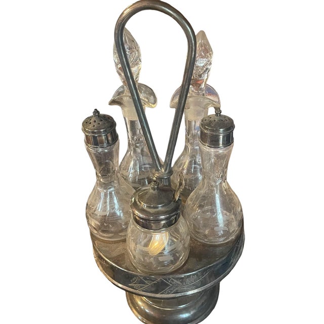 Antique Meriden B Company 5 Piece Condiment Set, Etched Glass, Spoon ...