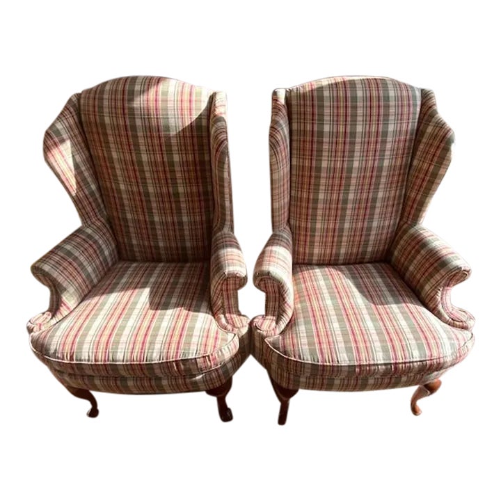 Heritage Red Plaid Wingback Chairs by Highland House, a Pair | Chairish
