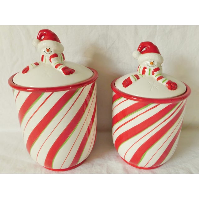Vintage Candy Stripe Snowman Christmas Holiday Cannister 2pc Set | Chairish