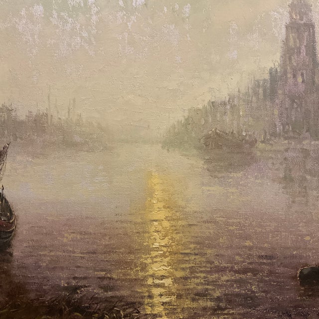 Vintage Impressionist Oil on Canvas "Harbor Scene at Night" by Roelof ...