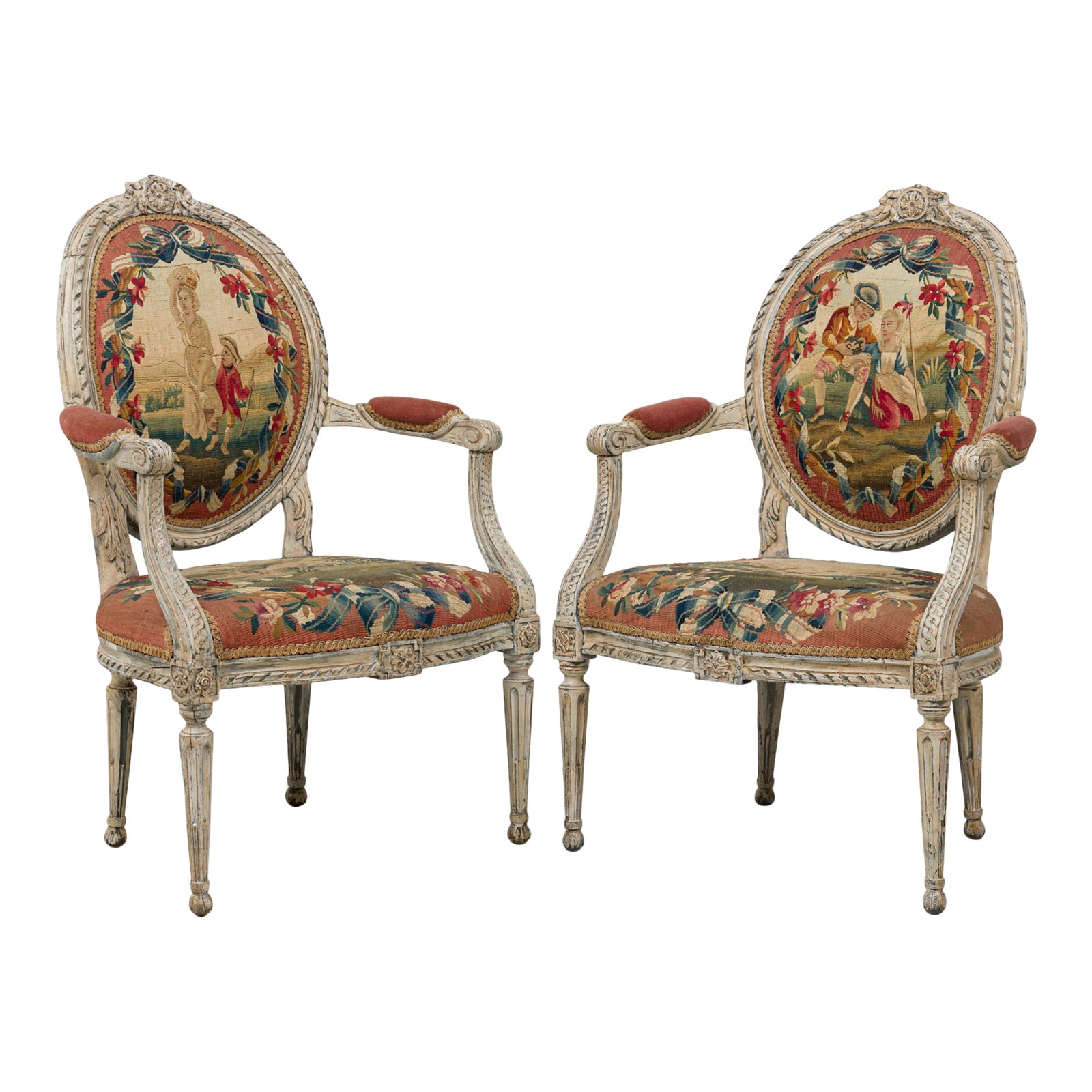 Swedish Neo-Classic Painted Tapestry Upholstered Armchairs - a Pair ...