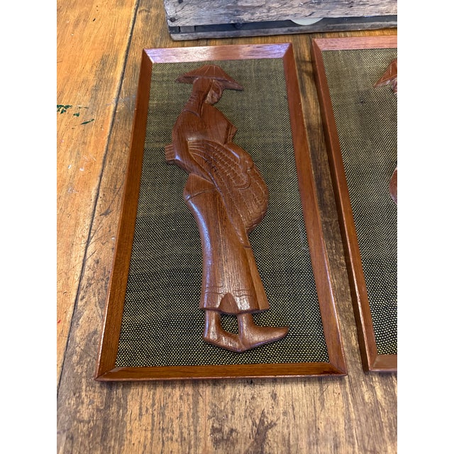 Vintage Asian Women Hand Crafted Wood Panels Wall Hangings - Set of 2 ...