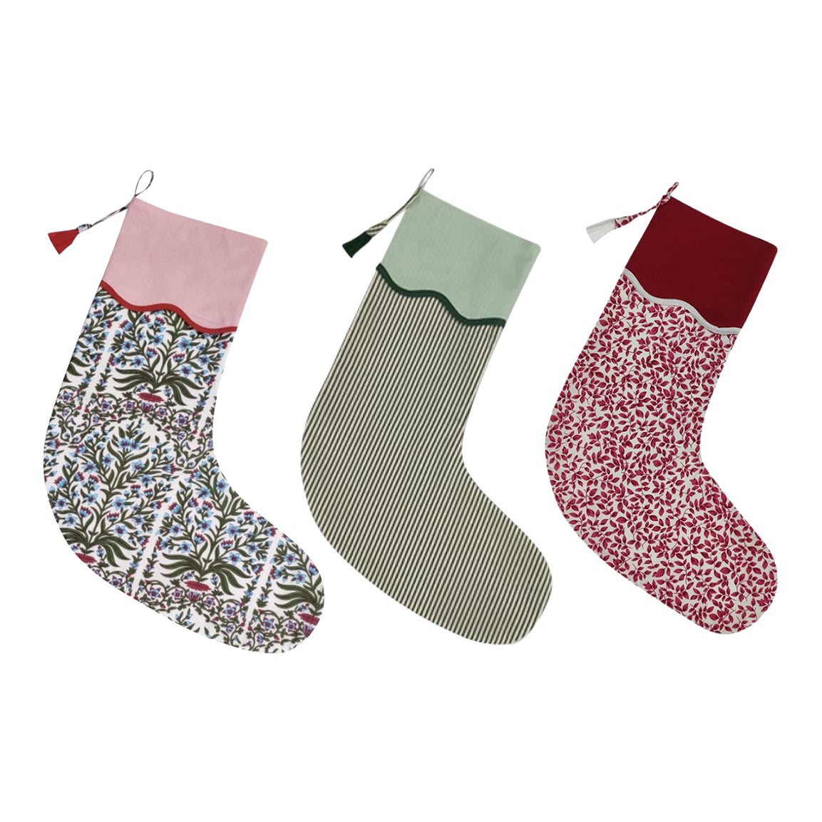 Handmade Festive II Block Print Christmas Stockings, Set of 3 | Chairish