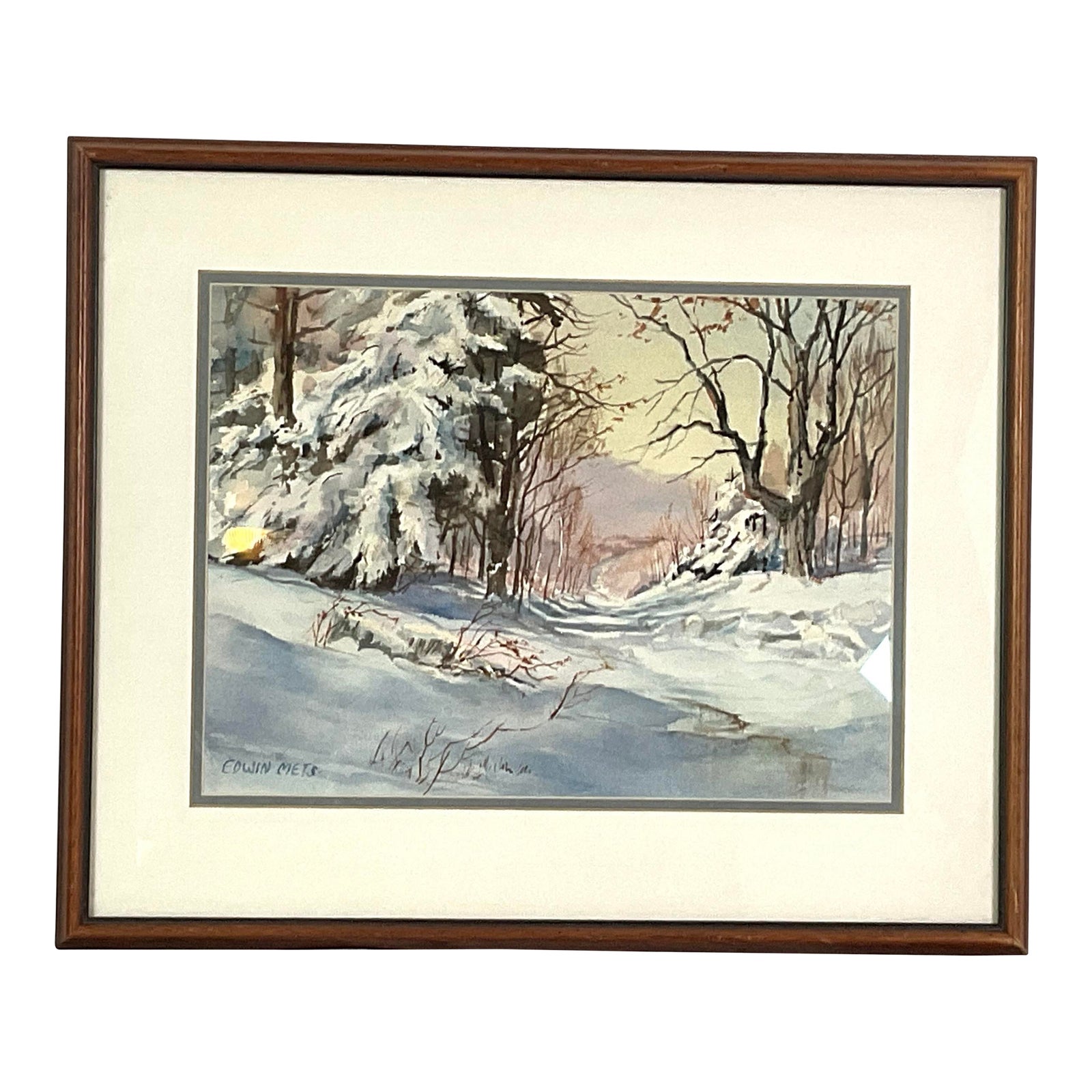 Edwin J Mets-(1926-2003)-Watercolor -Central New York Winter Scene ...