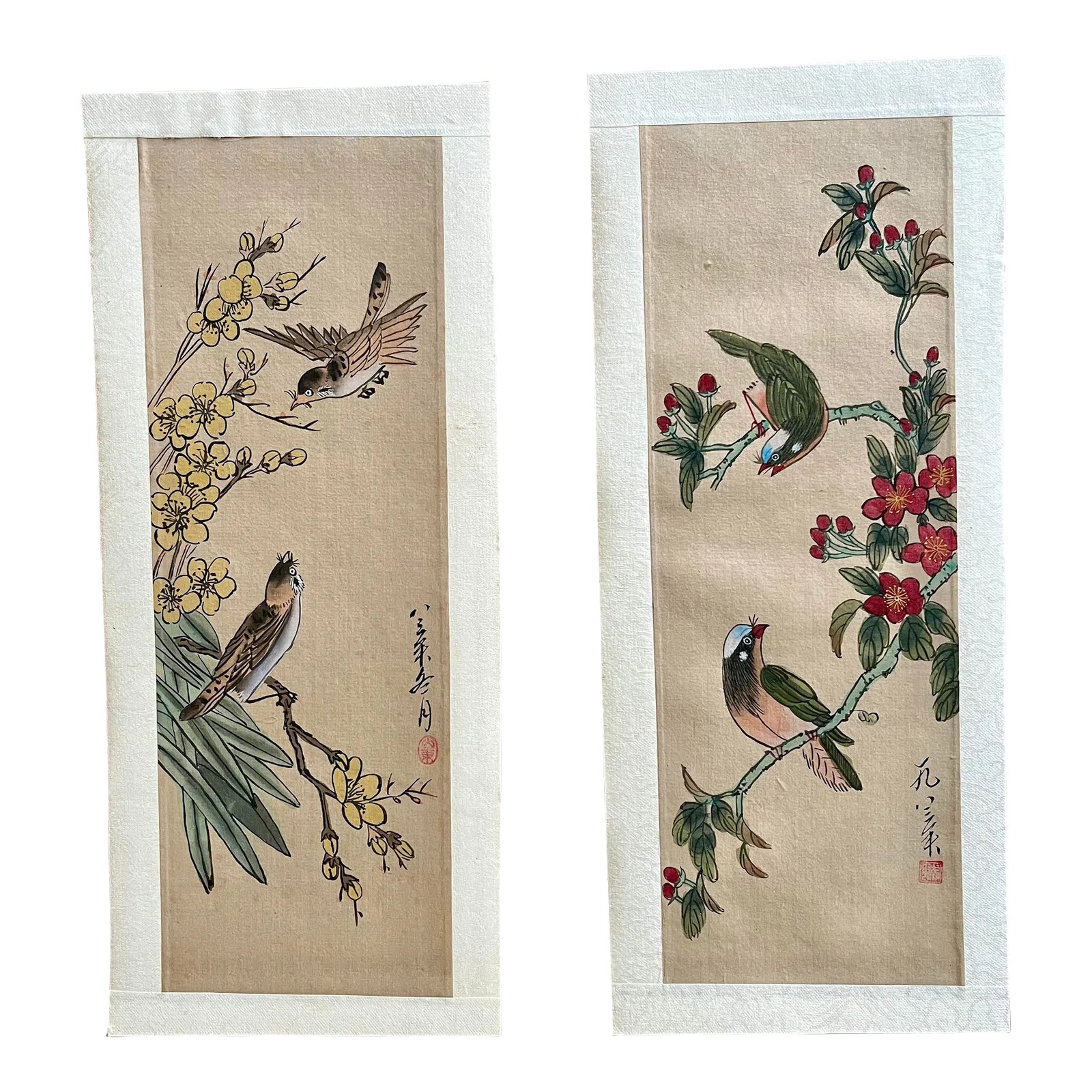 Set of 2 Antique Original Chinoiserie Bird Paintings on Silk | Chairish