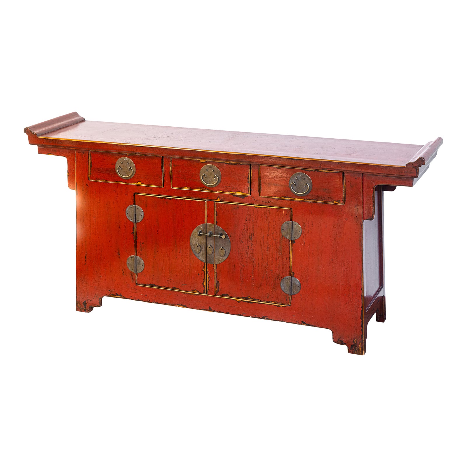 Vintage Asian Red Lacquered With Brass Hardware Sideboard Buffet ...