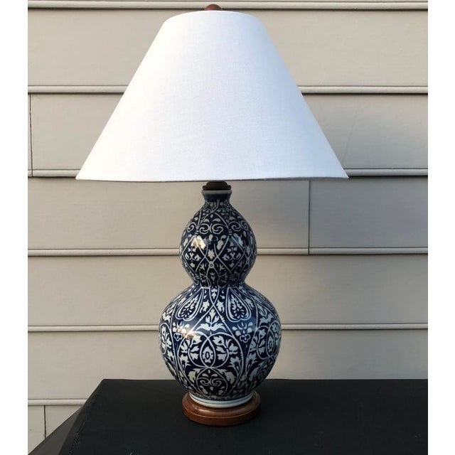 Ralph Lauren Cobalt Blue and White Double Gourd Lamp With Wood Fittings ...