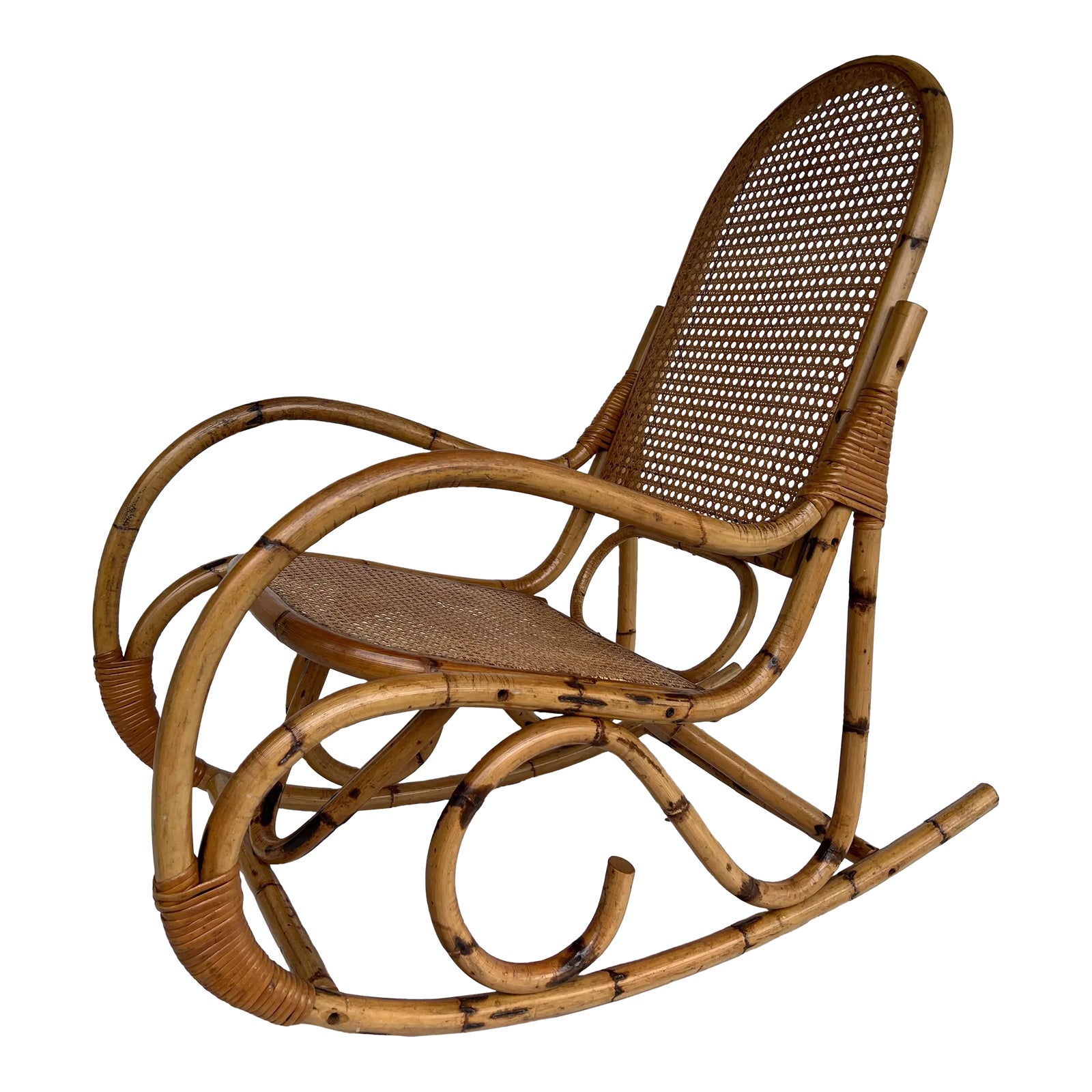 Vinatge Coastal Rattan Rocking Chair | Chairish