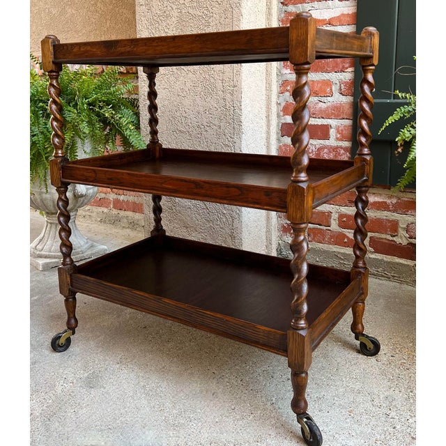 Antique English Oak Tea Trolley Drinks Wine Serving Cart Barley Twist ...