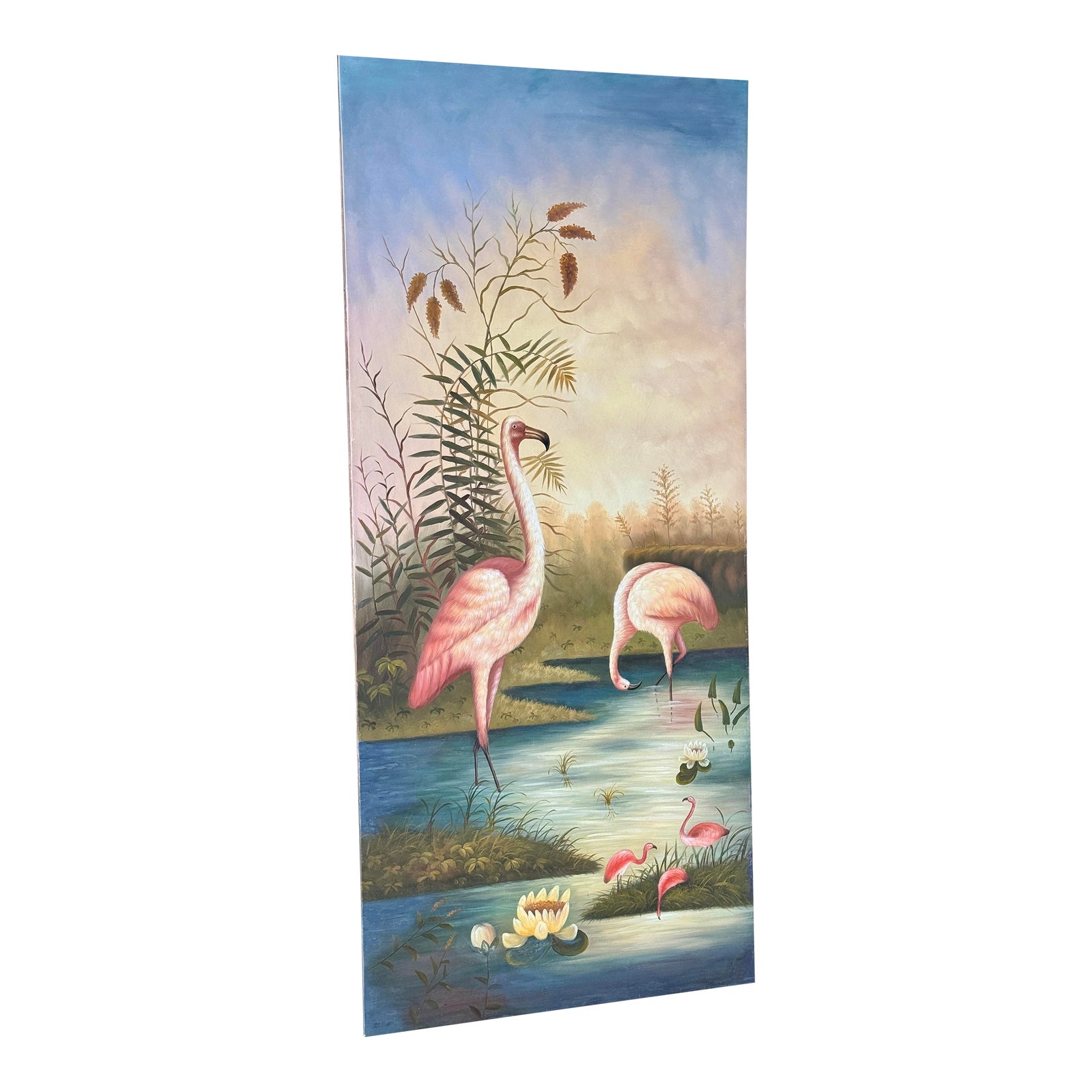 Vintage Old Florida Coastal Regency Flamingo Oil Painting Monumental ...