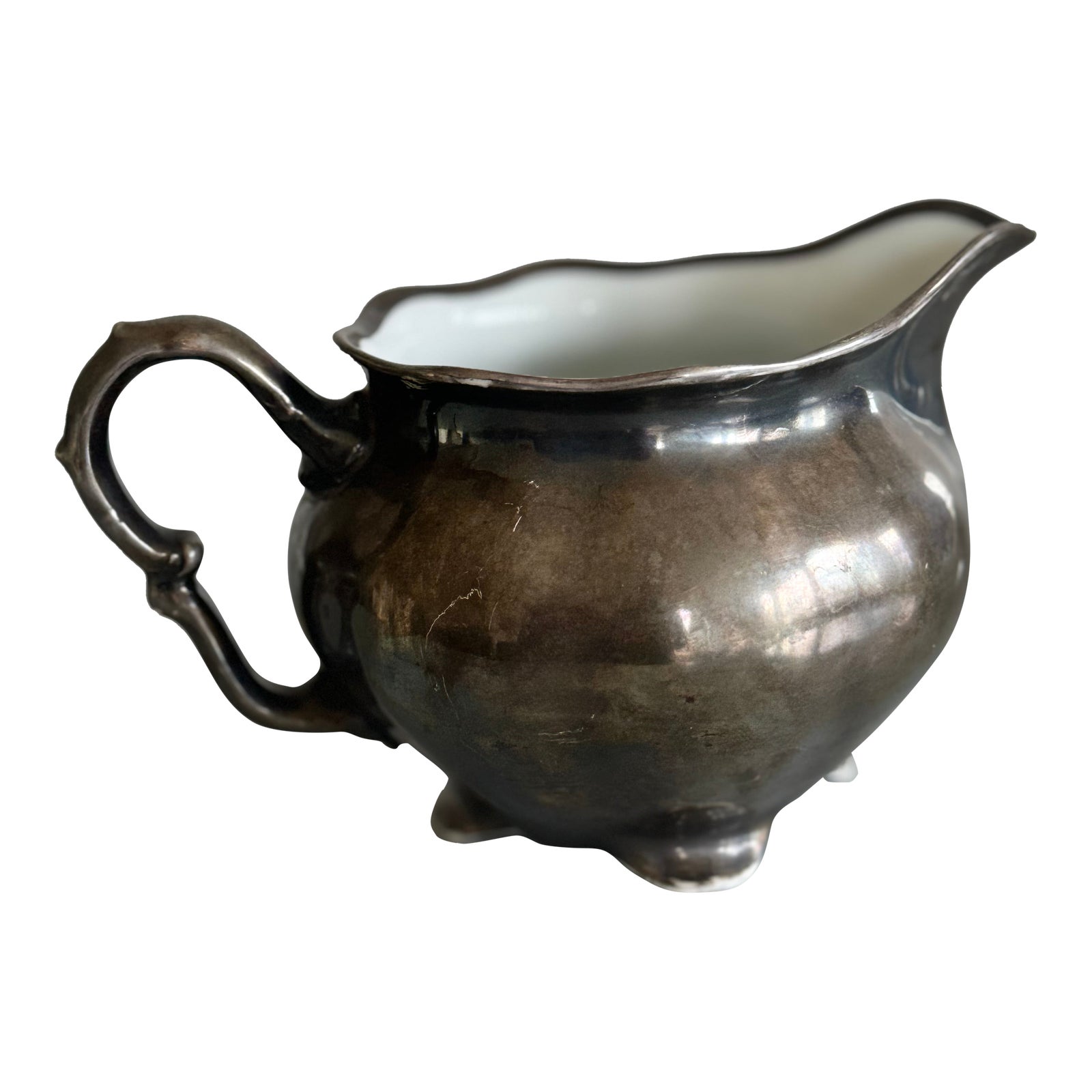 Large Early 1900s Antique Silverplate & Porcelain Creamer / Syrup ...