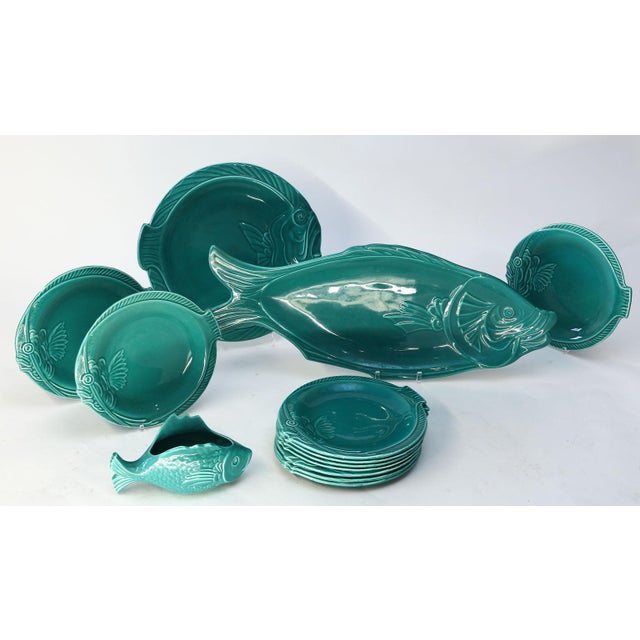 Set of Teal Fish-Shape Ceramic Dishes | Chairish