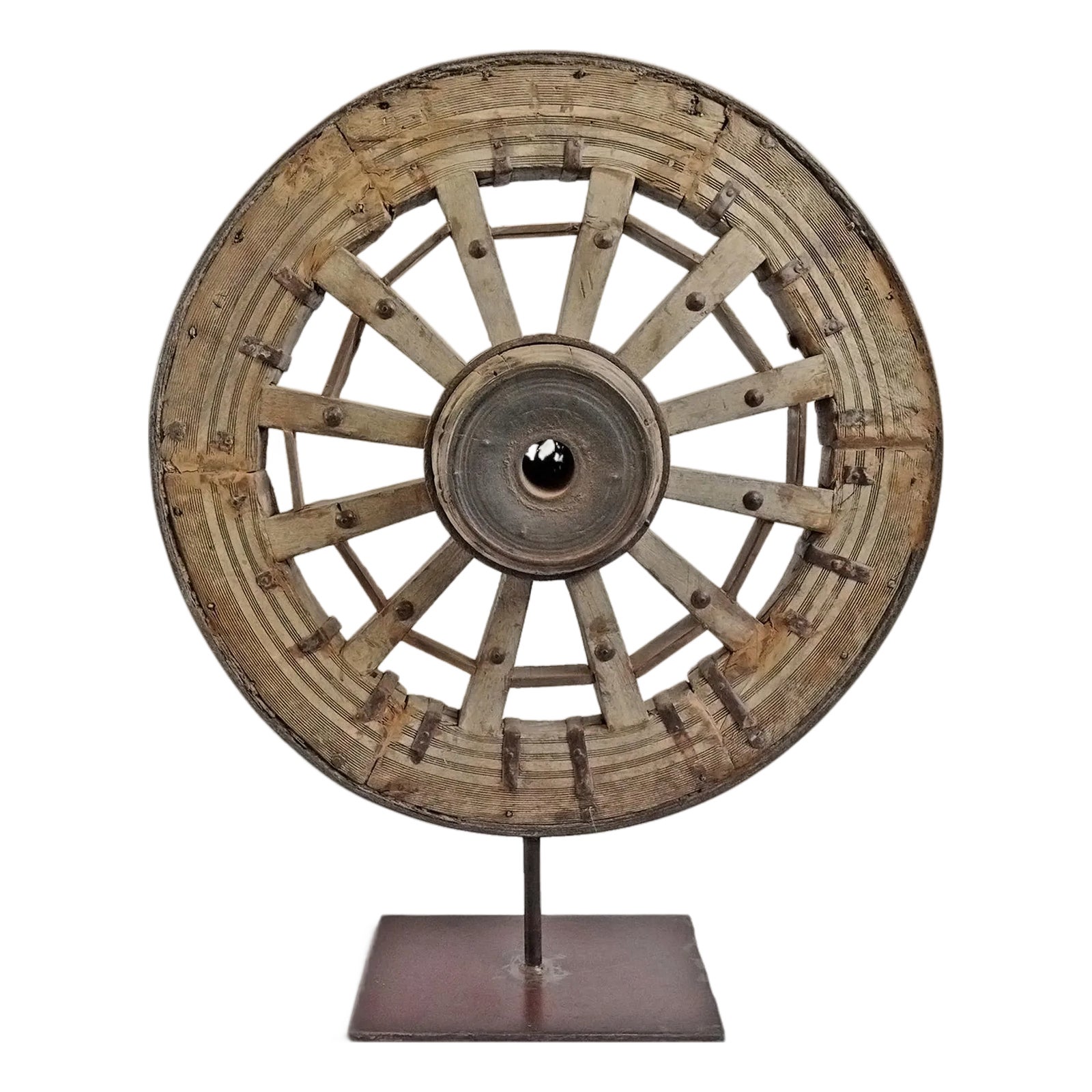 Antique Rustic Farmhouse Ox Cart Wheel on Stand | Chairish