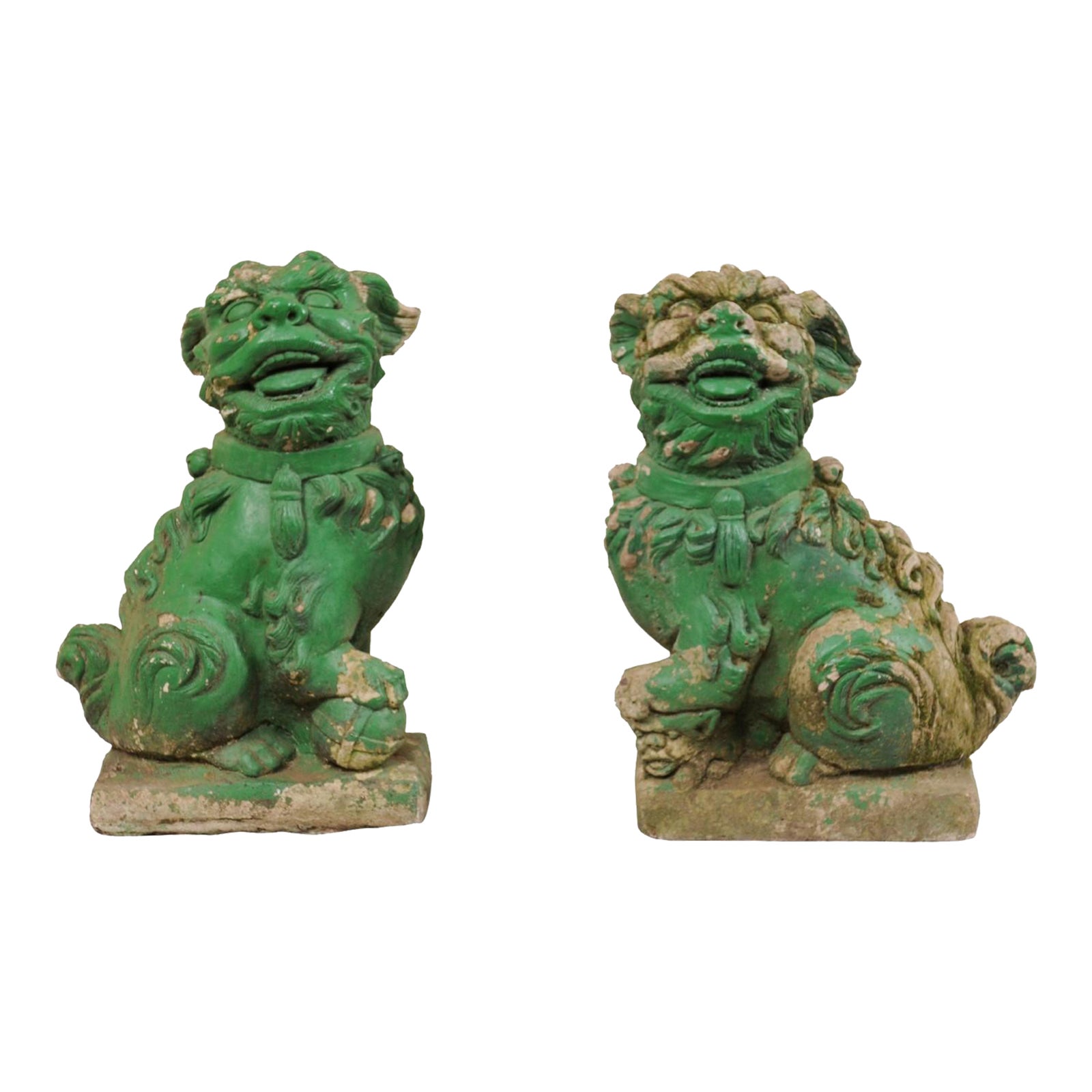 Mid 20th Century Foo Dogs with Original Green Paint - a Pair | Chairish